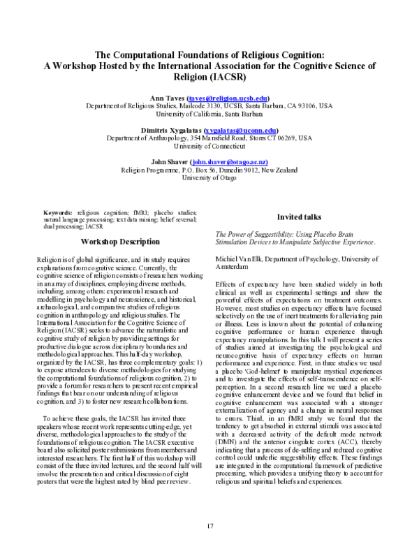 (PDF) The Computational Foundations of Religious Cognition: A Workshop Hosted by the ...