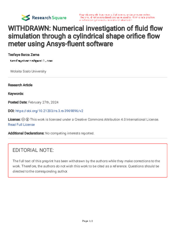 (PDF) Numerical investigation of fluid flow simulation through a cylindrical shape orifice flow ...