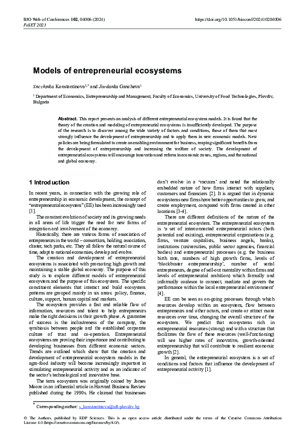 (PDF) Models of entrepreneurial ecosystems