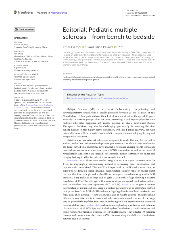 (PDF) Editorial: Pediatric multiple sclerosis - from bench to bedside | Filipe Palavra ...