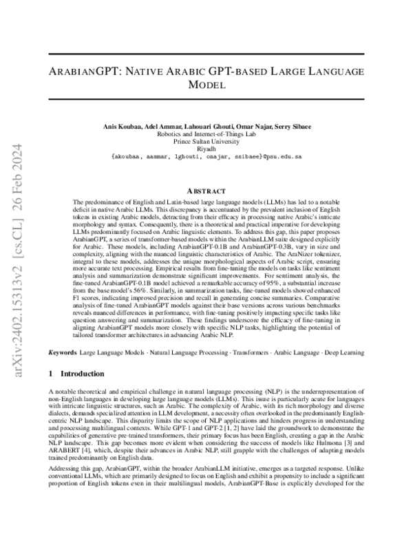 (PDF) ArabianGPT: Native Arabic GPT-based Large Language Model
