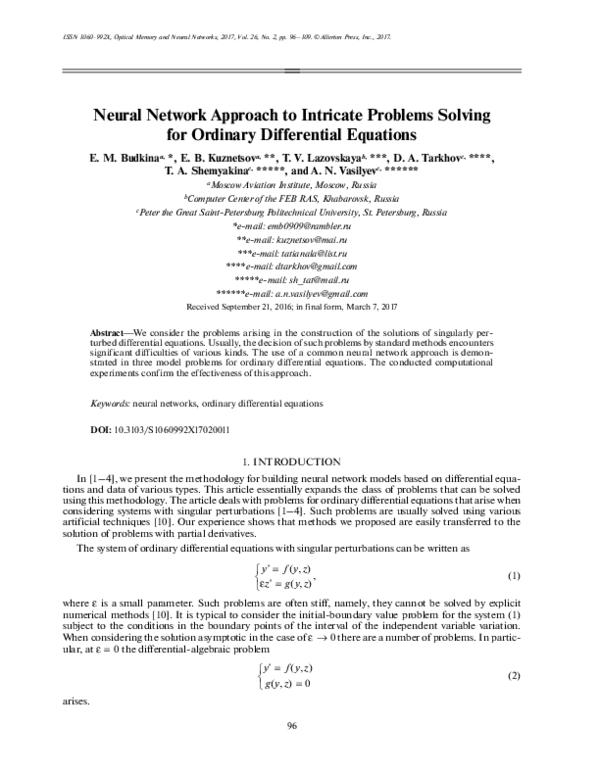 Pdf Neural Network Approach To Intricate Problems Solving For Ordinary Differential Equations