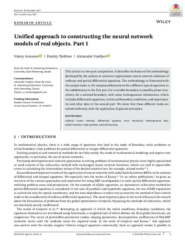 (PDF) Unified approach to constructing the neural network models of real objects. Part 1