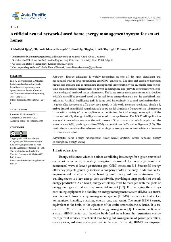 (PDF) Artificial neural network-based home energy management system for smart homes