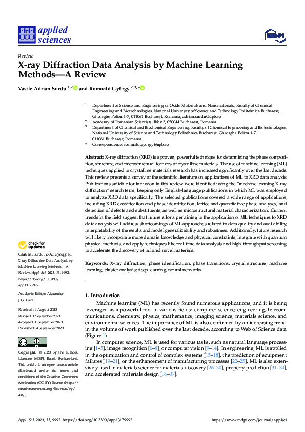 (PDF) X-ray Diffraction Data Analysis by Machine Learning Methods—A Review