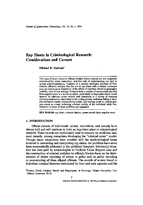 (PDF) Rap sheets in criminological research: Considerations and caveats