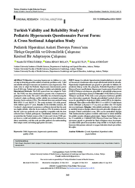 (PDF) Turkish Validity and Reliability Study of Pediatric Hyperacusis ...