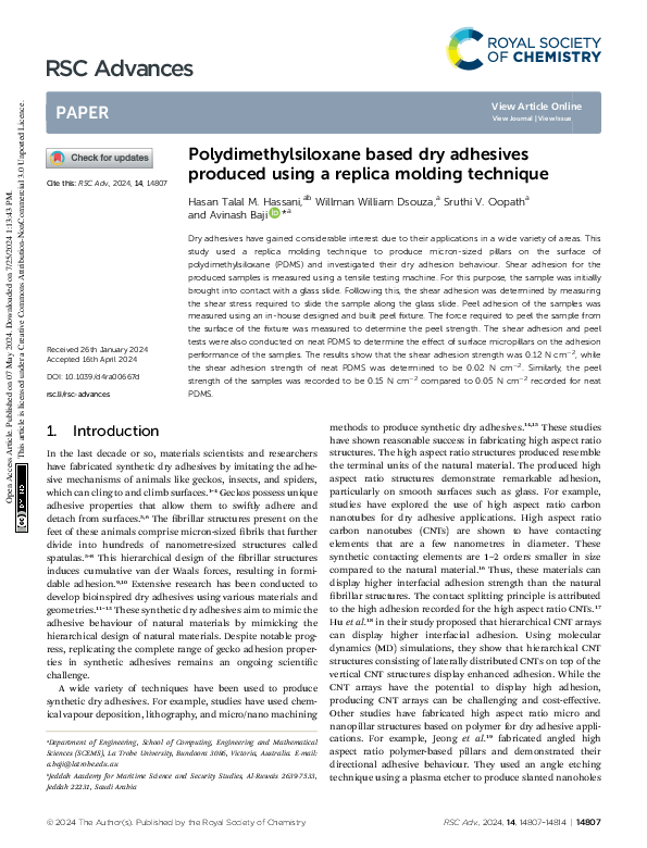 (PDF) Polydimethylsiloxane based dry adhesives produced using a replica ...
