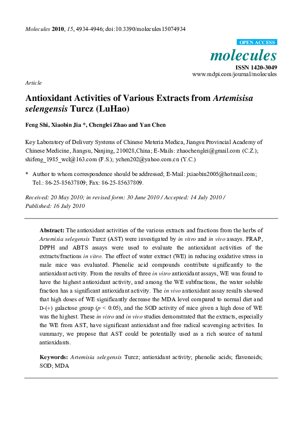 (PDF) Antioxidant Activities of Various Extracts from Artemisisa selengensis Turcz (LuHao)