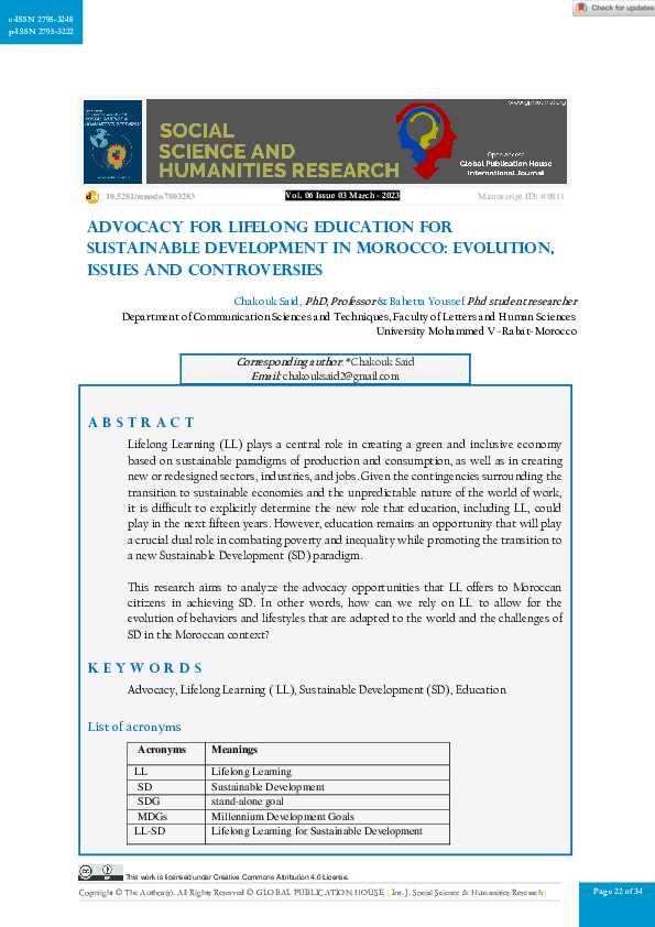 (PDF) Advocacy for Lifelong Education for Sustainable Development in Morocco: Evolution, Issues ...
