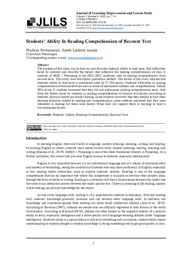 (PDF) Students’ Ability In Reading Comprehension of Recount Text