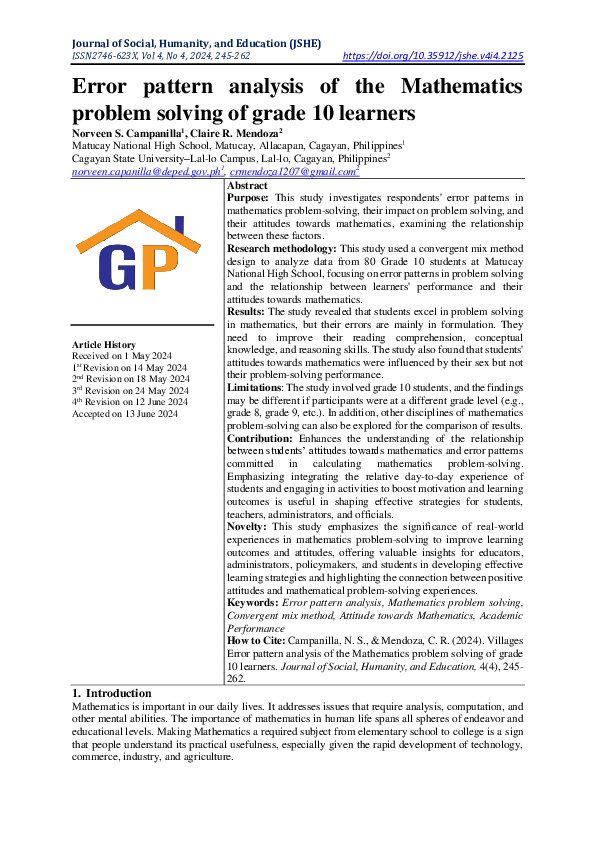 (PDF) Error pattern analysis of the Mathematics problem solving of grade 10 learners