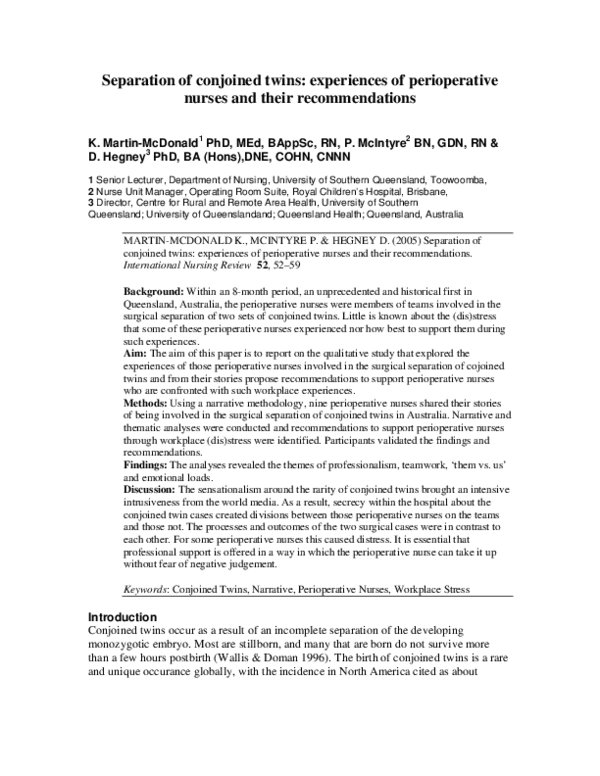 (PDF) Separation of conjoined twins: experiences of perioperative ...