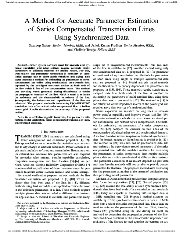 Pdf A Method For Accurate Parameter Estimation Of Series Compensated Transmission Lines Using