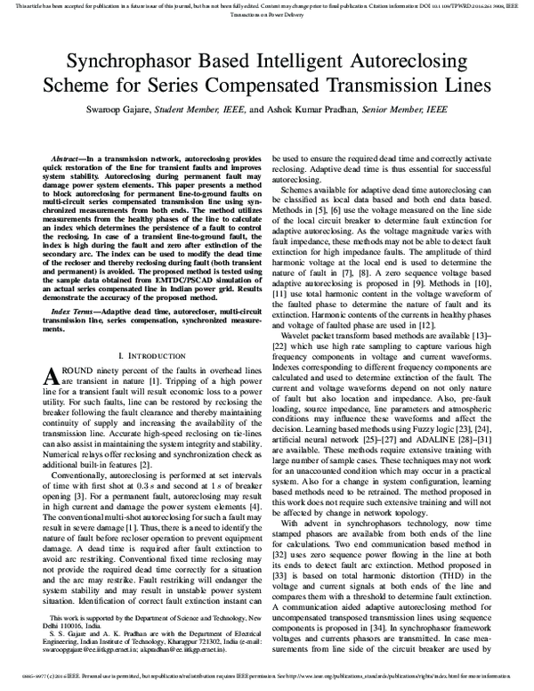 (PDF) Synchrophasor-Based Intelligent Autoreclosing Scheme for Series Compensated Transmission Lines