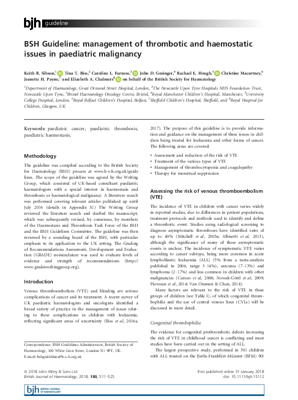 (PDF) BSH Guideline: management of thrombotic and haemostatic issues in ...