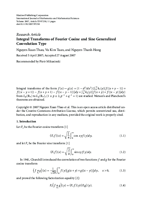 Pdf Integral Transforms Of Fourier Cosine And Sine Generalized