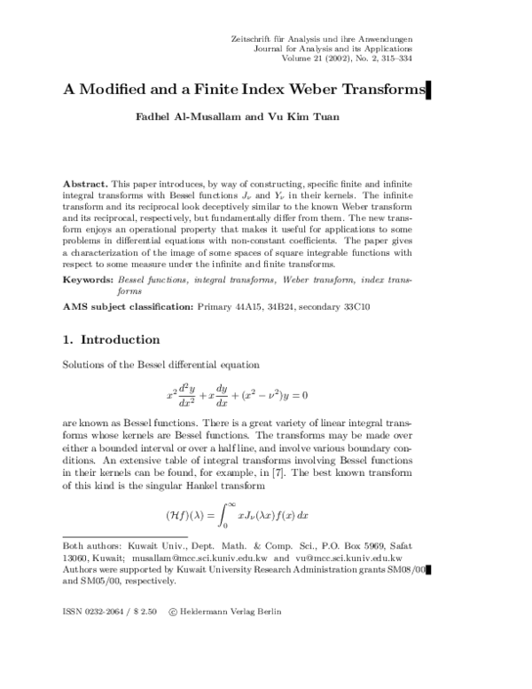(PDF) A Modified and a Finite Index Weber Transforms