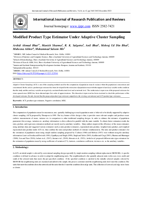 (PDF) Modified Product Type Estimator Under Adaptive Cluster Sampling ...