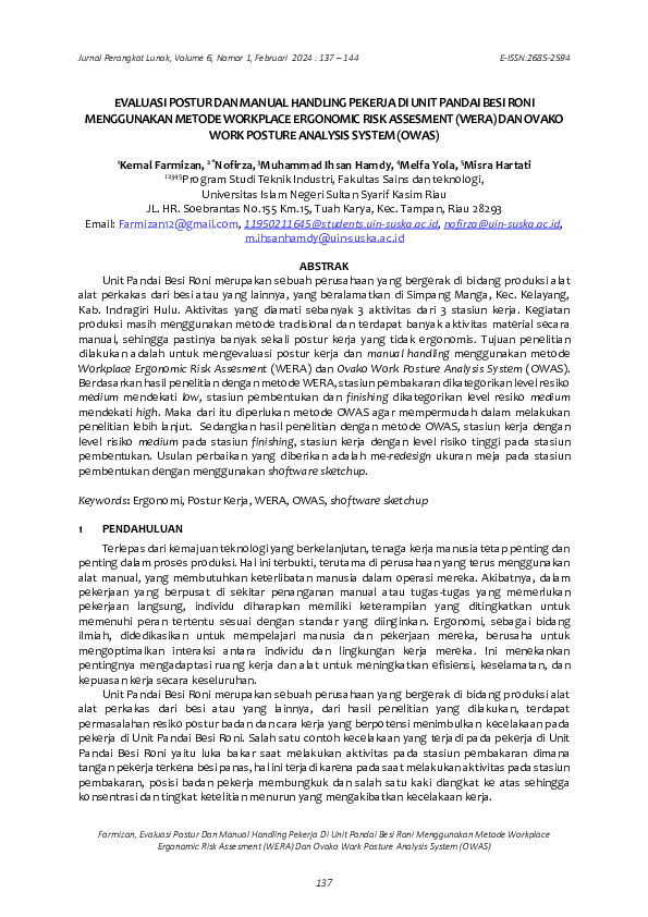 Evaluasi Postur Dan Manual Handling Pekerja DI Unit Pandai Besi Roni ...