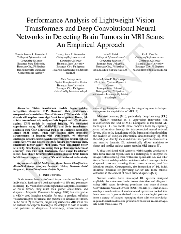 Pdf Performance Analysis Of Lightweight Vision Transformers And Deep Convolutional Neural