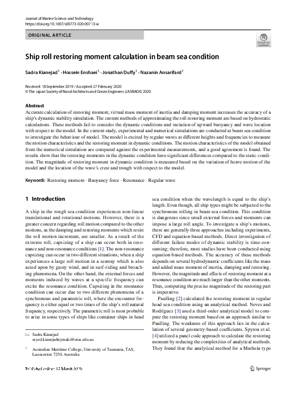 (PDF) Ship roll restoring moment calculation in beam sea condition
