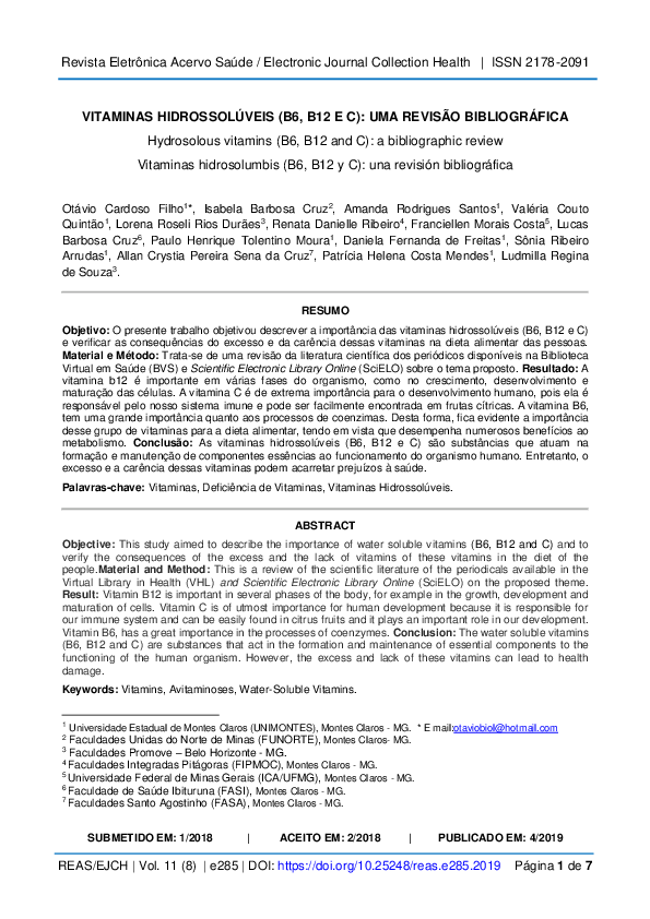 (PDF) Vitaminas Hidrossolúveis (B6, B12 e C): Uma Revisão Bibliográfica