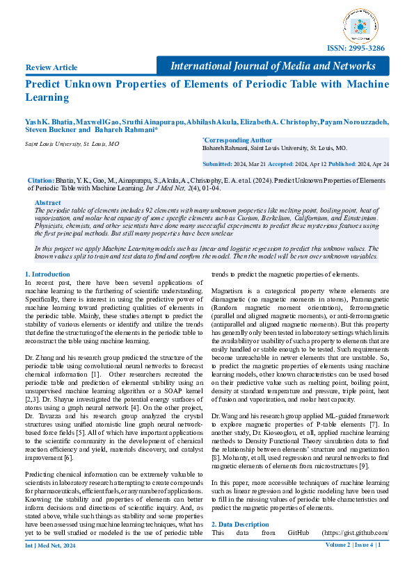 (PDF) Predict Unknown Properties of Elements of Periodic Table with Machine Learning