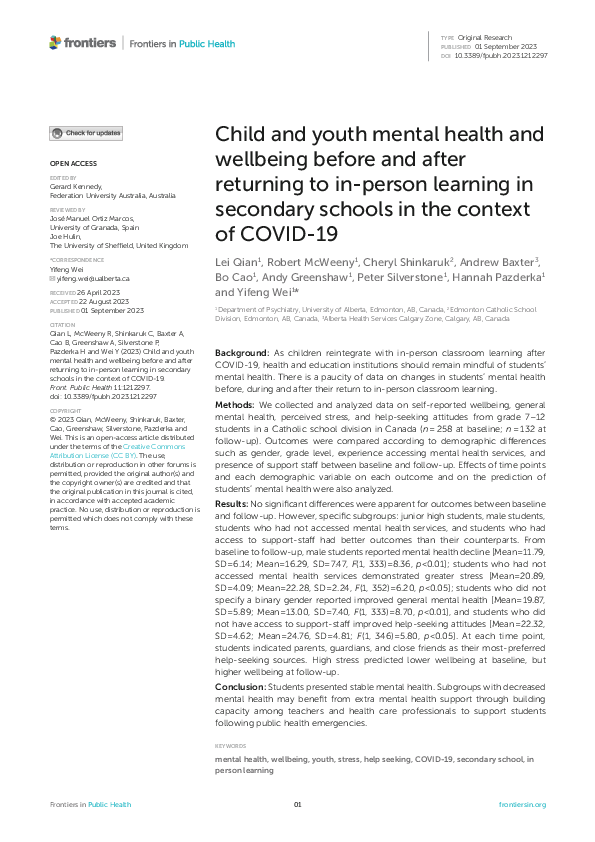 (PDF) Child and youth mental health and wellbeing before and after ...