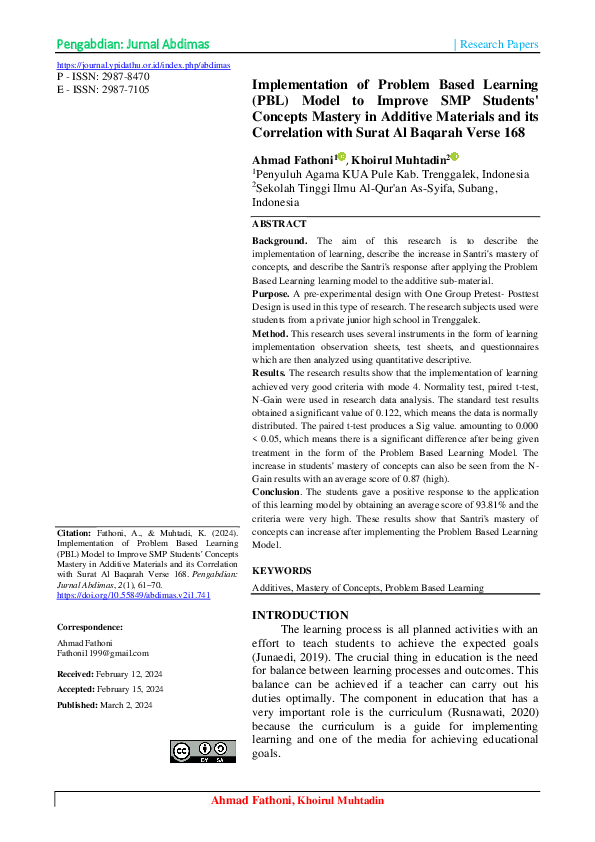 (PDF) Implementation of Problem Based Learning (PBL) Model to Improve SMP Students' Concepts ...