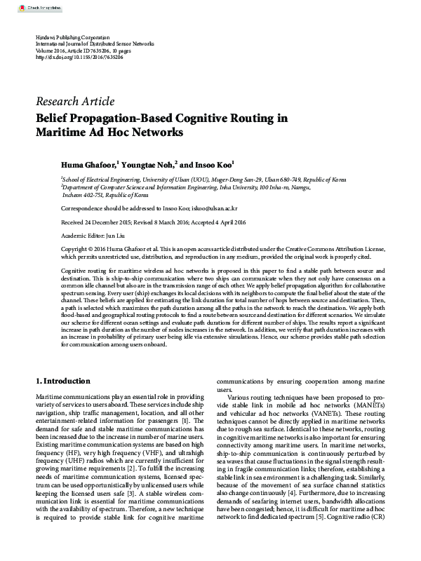 (PDF) Cognitive Routing in Maritime Ad Hoc Networks Using Belief Propagation
