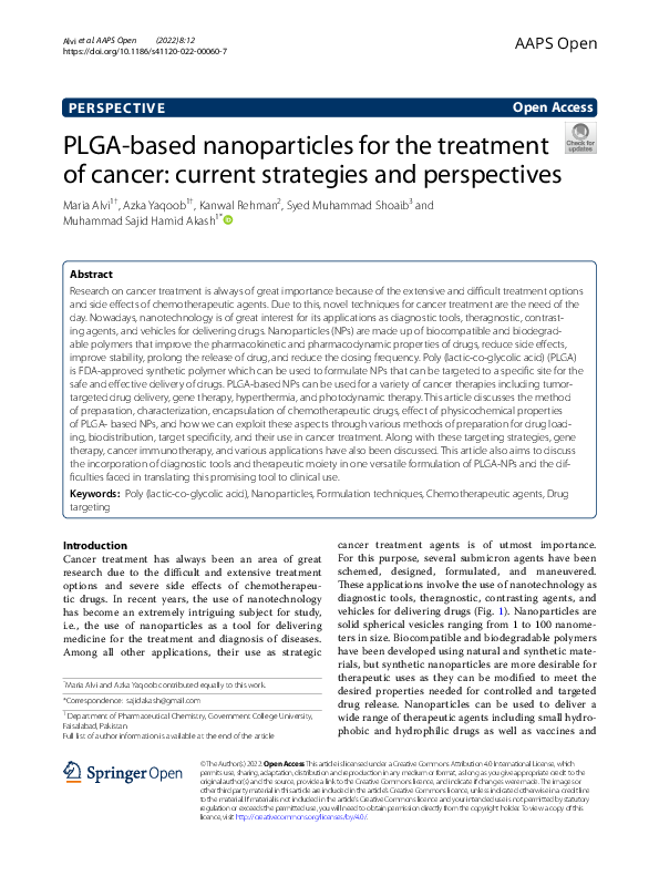 (PDF) PLGA-based nanoparticles for the treatment of cancer: current strategies and perspectives