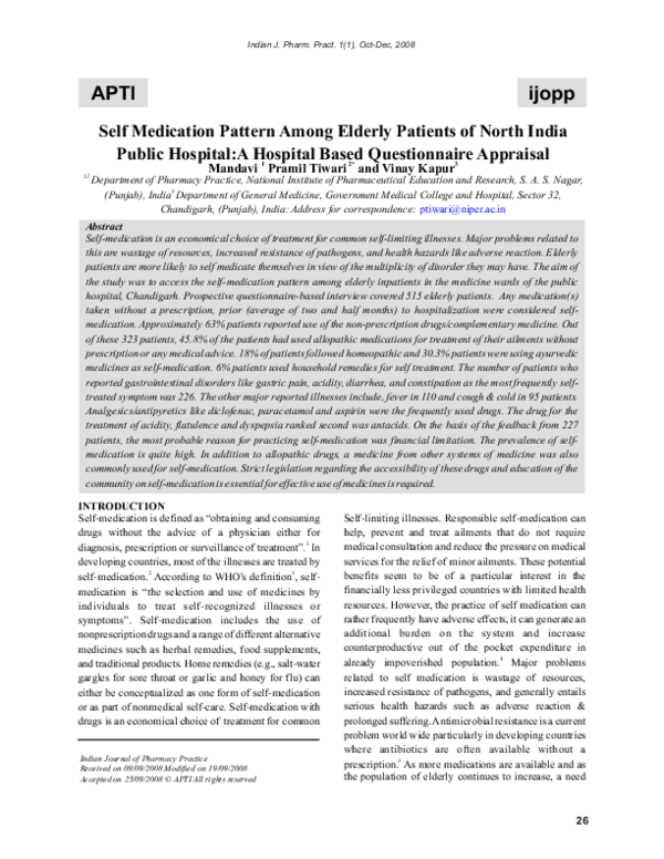 (PDF) Self Medication Pattern among Elderly Patients of North India ...