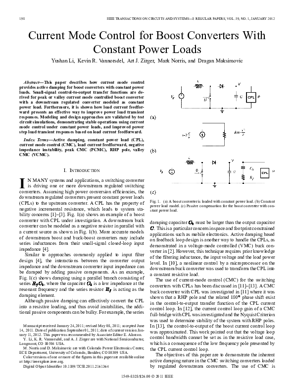 (PDF) Current Mode Control for Boost Converters With Constant Power Loads