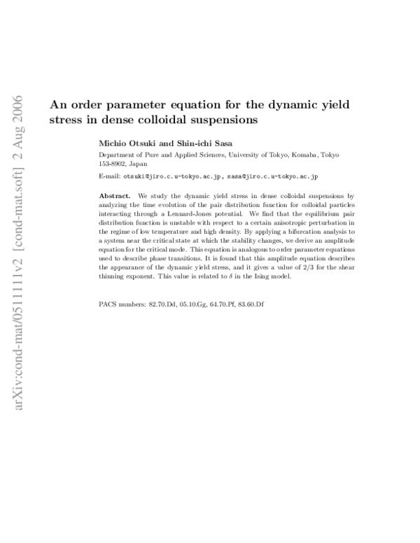 (PDF) An order parameter equation for the dynamic yield stress in dense ...