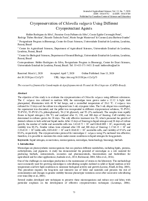 (PDF) Cryopreservation of Chlorella vulgaris Using Different ...