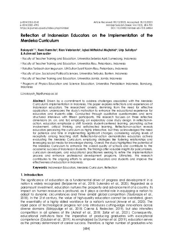 (PDF) Reflection of Indonesian Educators on the Implementation of the Merdeka Curriculum