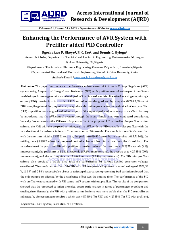 Pdf Enhancing The Performance Of Avr System With Prefilter Aided Pid Controller