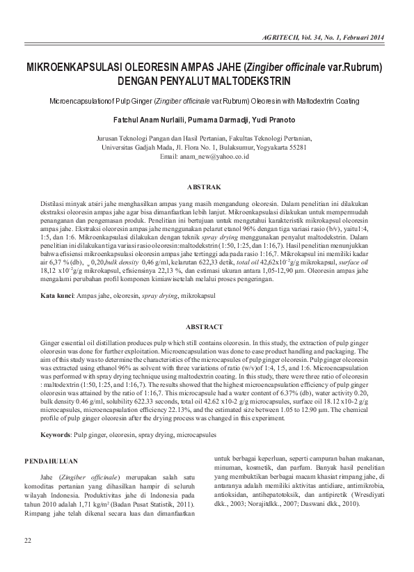 (PDF) Mikroenkapsulasi Oleoresin Ampas Jahe (Zingiber officinale var ...