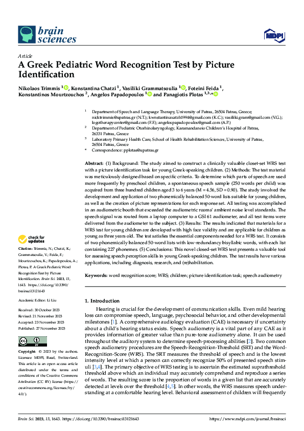 (PDF) A Greek Pediatric Word Recognition Test by Picture Identification