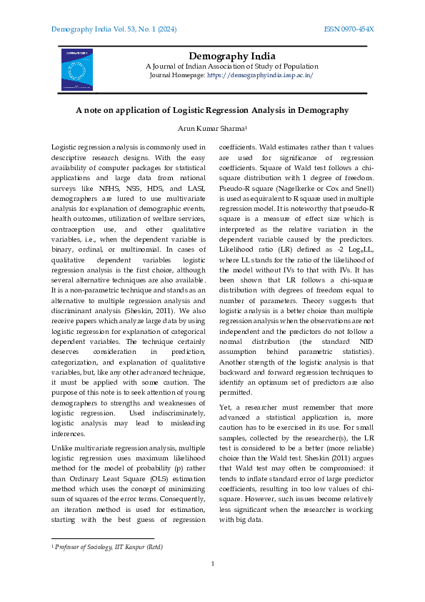 (PDF) A note on application of Logistic Regression Analysis in Demography