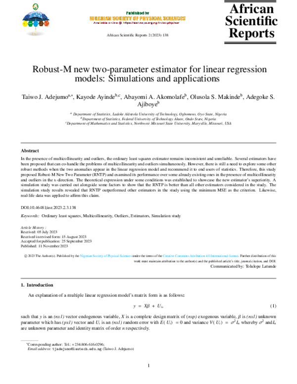 Pdf Robust M New Two Parameter Estimator For Linear Regression Models Simulations And