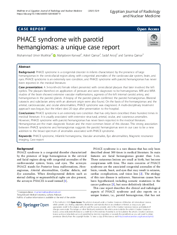 (PDF) PHACE syndrome with parotid hemangiomas: a unique case report