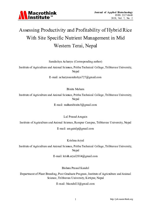 (PDF) Assessing Productivity and Profitability of Hybrid Rice With Site ...