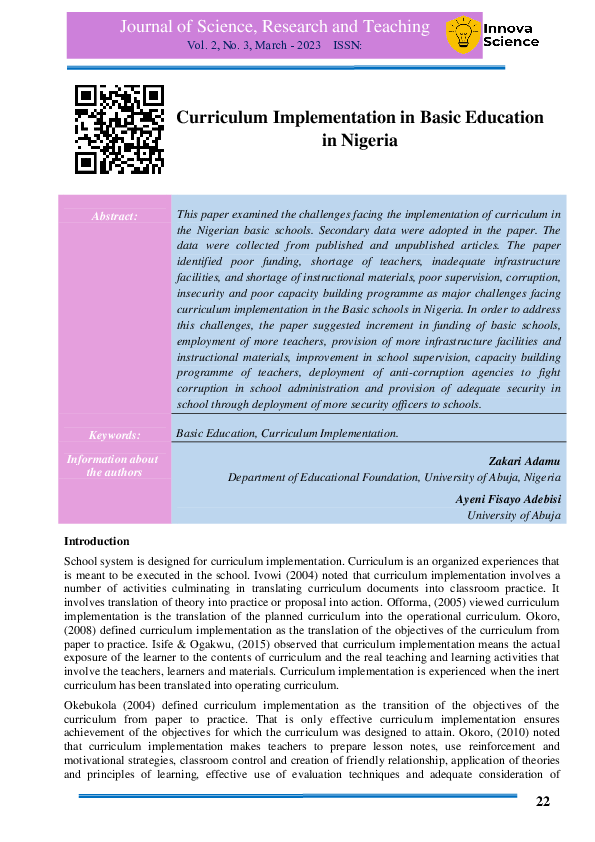 (PDF) Curriculum Implementation in Basic Education in Nigeria
