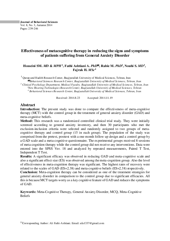 (PDF) Effectiveness of metacognitive therapy in reducing the signs and symptoms of patients ...