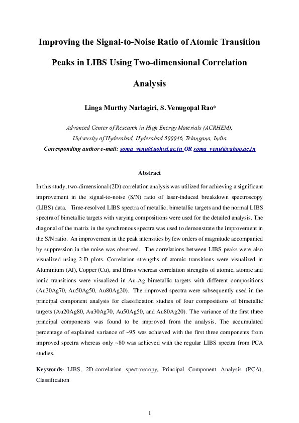 (PDF) Improving the Signal-to-Noise Ratio of Atomic Transition Peaks in LIBS Using Two ...