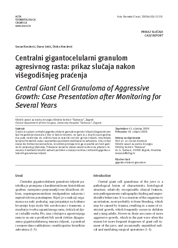 (PDF) Central Giant Cell Granuloma of Aggressive Growth: Case ...