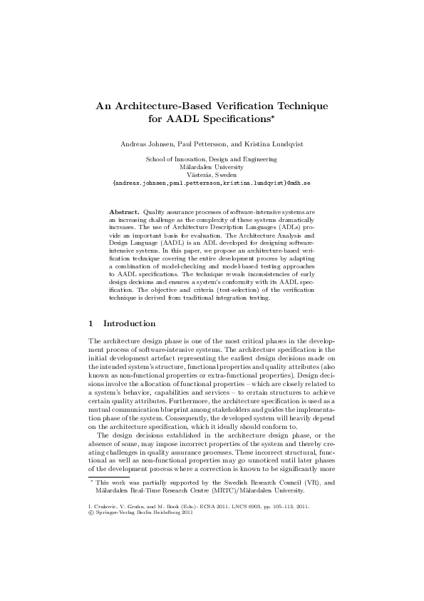 (PDF) An Architecture-Based Verification Technique for AADL Specifications