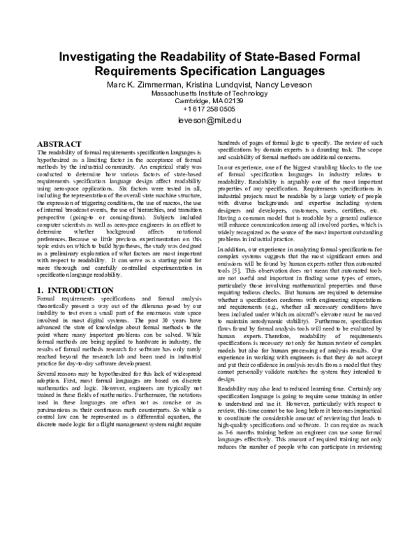 (PDF) Investigating the readability of state-based formal requirements specification languages